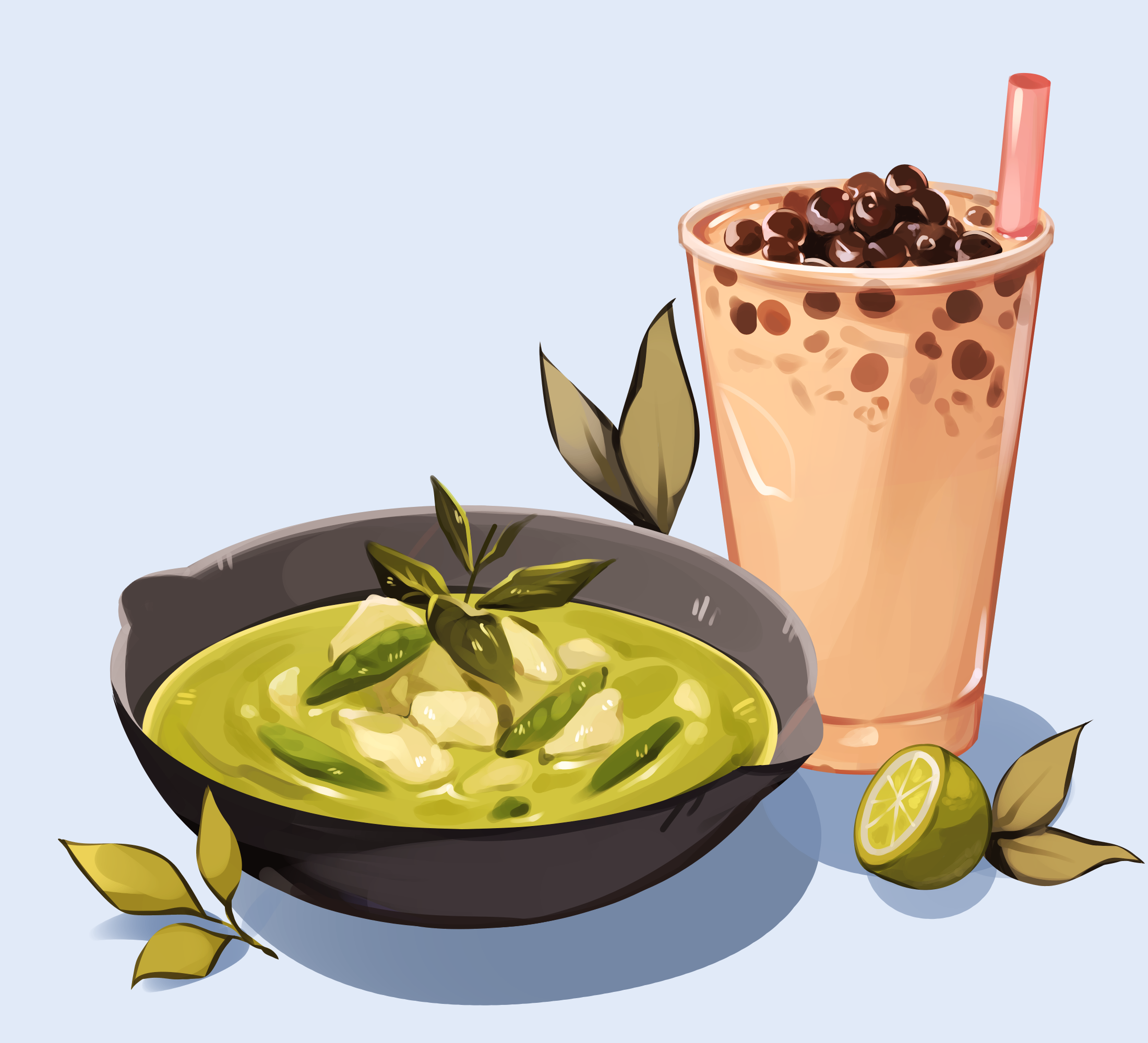 Green curry and boba Mumechi - Illustrations ART street